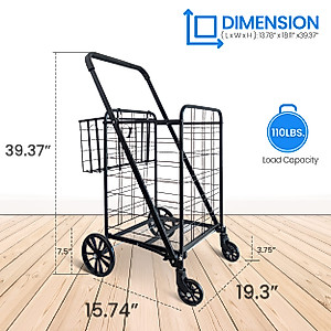SereneLife Folding Grocery Utility Shopping Supermarket Cart with 360 Rolling Swivel Wheels, Double Basket, Large Capacity 110 lbs, Portable, Collapsible Compact Folding, for Grocery Laundry, Luggage