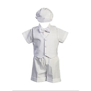 Swea Pea & Lilli Poly Cotton Christening Short Set with Basket Weave Veast and Hat - White Size M (6-12 Months) / 13-17 Pounds