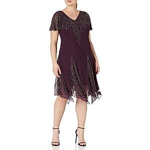 J Kara Women's Plus Size Short Beaded Godet Dress, Wine/Mercury, 20W