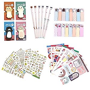 Kawaii School Supplies - Cat Stationery Set, 6 Gel Pens, 120 Sticky Memos, 6 Sticker Sheets & 1 Sticker Album( 8 Sheets), 240 Bookmark Page Flags - Cute Japanese Style Office Supplies- Gift for Girls