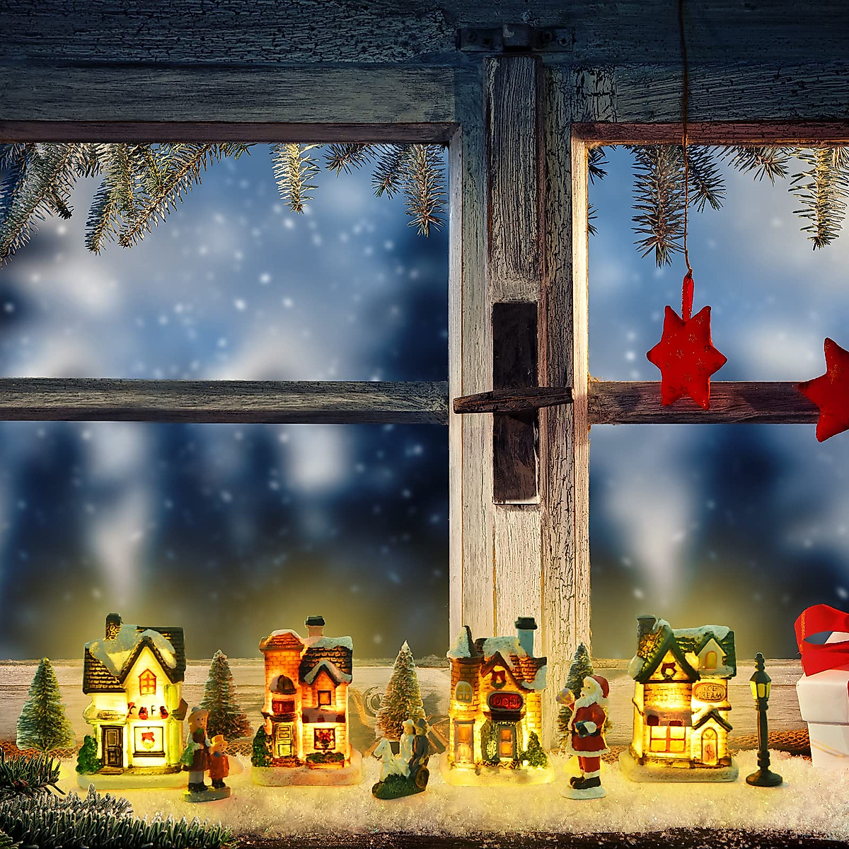 ELECLAND 12Pcs Christmas Village Sets, Christmas Village Houses with Bottle Brush Trees Christmas Figurines, Mini Christmas Trees Christmas Village Accessories for Christmas Home Decorations