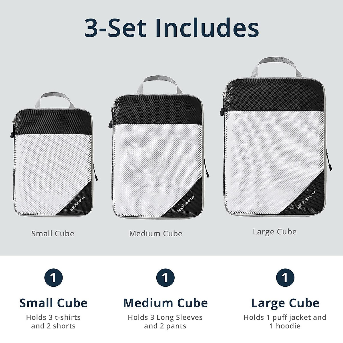 NICOSHOW 3 Set Compression Packing Cubes, Packing Cubes for Travel Compression, Compressible Packing Cubes Travel Essentials, Packing Organizers for Carry-on Luggage Suitcase, Black