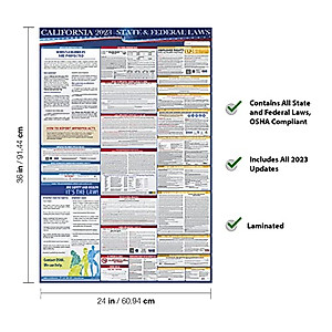 2023 California State and Federal Labor Laws Poster - OSHA Workplace Compliant 24" x 36" - All in One Required Posting - Laminated (English)