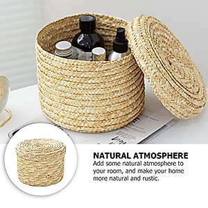 Cabilock 1PC Mini Straw Woven Storage bin Storage Basket Wheat- Straw Basket Hand Woven Storage
