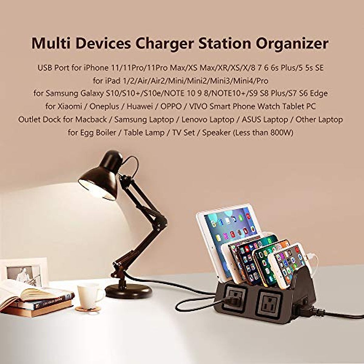 UDOLI 5 USB Ports Charging Station Organizer for Multiple Devices Fast Charging Desktop Stand for Apple Android Phone Tablet 1600W 2 AC Power Outlets Charger Dock for Home Office 3 Prong Cord Black