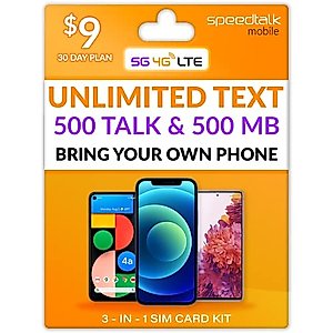 SpeedTalk Mobile SIM Card Unlimited Text 500 Minutes Talk 500MB Data for 5G 4G LTE iOS Android Smart Phones | Triple Cut 3 in 1 Simcard - Standard Micro Nano | No Contract Cellphone Plan | US Coverage