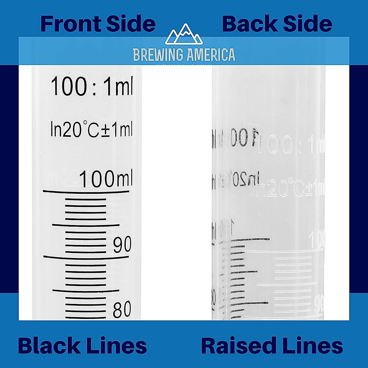 Brewing America 100ml Plastic Graduated Cylinder Beaker - 100ml Science Measuring Test Tube Flask, 2-Sided Marking - Black and Raised Graduation Lines, Pour Spout
