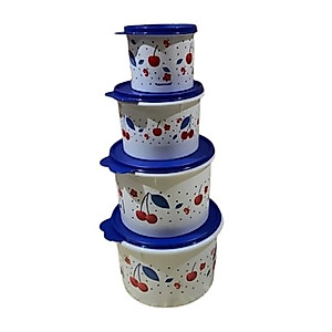 Tupperware Classic Stacking Cherry Canister Set of 4, Blue Seal, Round, Flip Top, Stackable, Dishwasher Safe, Medium, Classic Fruity Stackable, Canister