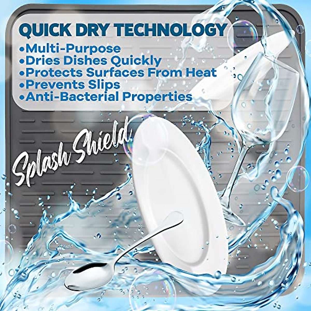 XXL Silicone Dish Drying Mat for Kitchen Counter, 24" x 18" Extra Large, Waterproof Pet Feeding Mat, Dog Food, Water Bowls, Under Drying Racks for Dishes, Coffee Bars, Bar Mats (Slate Grey)