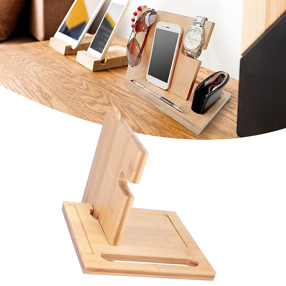 Wood Charger Dock Stand Nightstand Organizer for Men Multi Device Charging Station Wood Tablet Holder Desk Accessies for Smartphone Cellphone Watch Pad