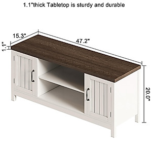 ChooChoo Farmhouse TV Stand, Wood Grooved Door Entertainment Center with Storage Cabinets and Open Shelves, Rustic Media Console up to 55 inches for Living Room, Bedroom, White