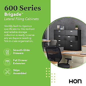 HON Adjustable Hangrails for A4, Legal, Letter Files Lock-600 Series Lateral Office Storage Locking Metal Cabinet 36" W x 18" D, 4 Drawers, Black