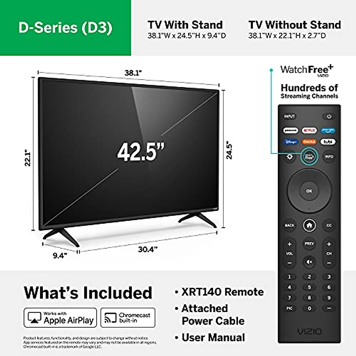 VIZIO 43-inch D-Series Full HD 1080p Smart TV with Apple AirPlay and Chromecast Built-in, TV Only (Renewed)