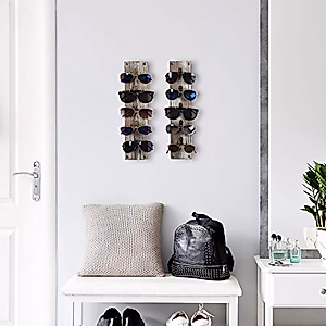J JACKCUBE DESIGN Rustic Wood Wall Mounted Sunglasses Storage Organizer 10 Eyeglasses Holder Display Rack Set of 2 with 5 Metal Hooks on Each Holder -MK691A