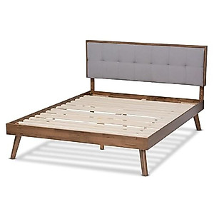 Baxton Studio Alke Mid-Century Modern Light Grey Fabric Upholstered Walnut Brown Finished Wood Full Size Platform Bed