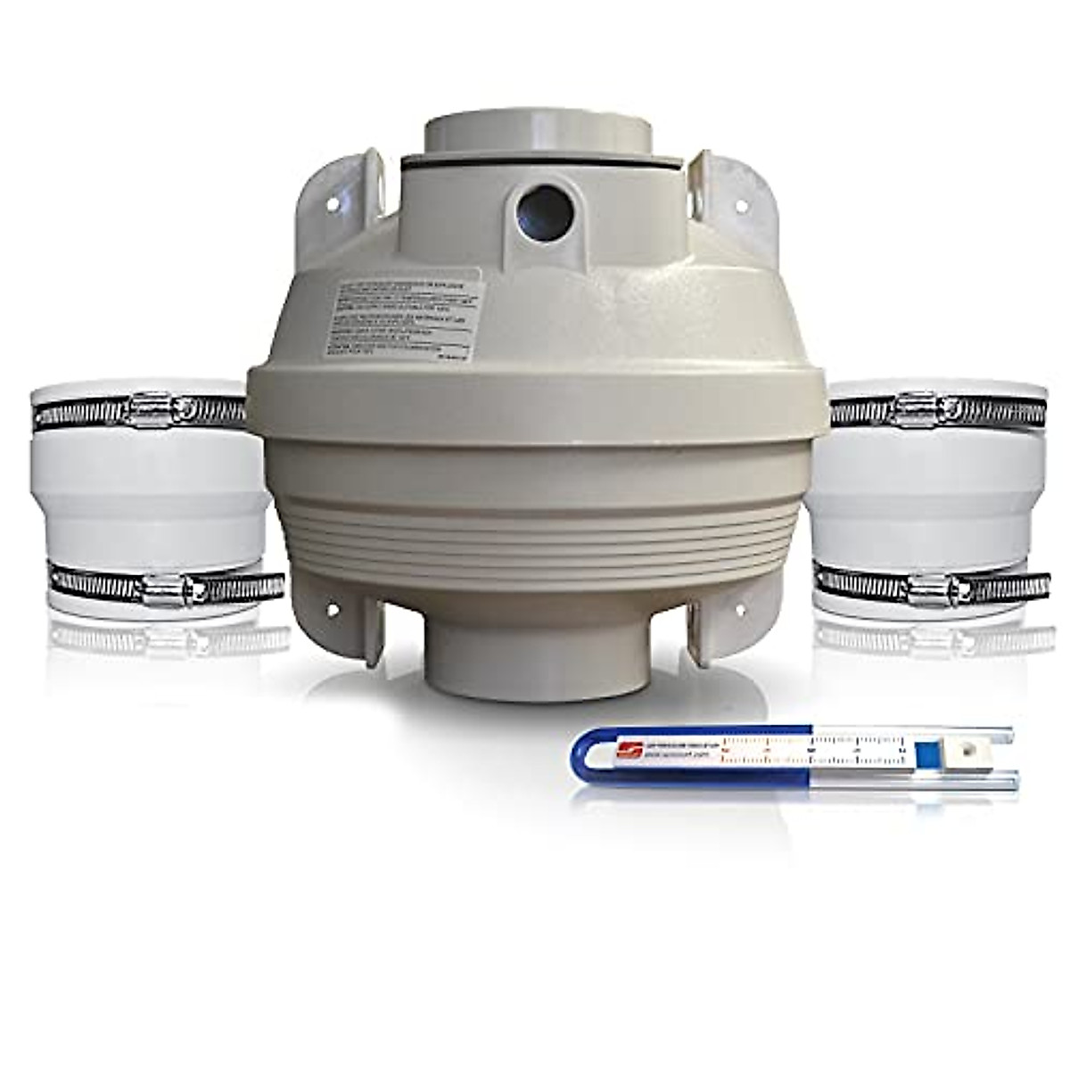 Suncourt Centrax RDK04 Radon Fan Mitigation Kit, Indoor and Outdoor Installation, Inline Centrifugal Fan with Rubber Couplers (4 inch x 4 inch) and Air Pressure Indicator, White