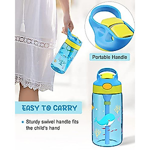 A+ Choice Kids Water Bottle with Straw & Handle - 16 oz BPA Free Kids Water Bottles, Spill Proof, Easy-Clean, Dishwasher Safe - Cute Whale Sky Blue
