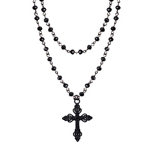 Sacina Gothic Layered Cross Necklace, Zinc Alloy Black Bead Cross Choker Necklace, Halloween Goth Jewelry Gift for Women (Layered Bead Cross)