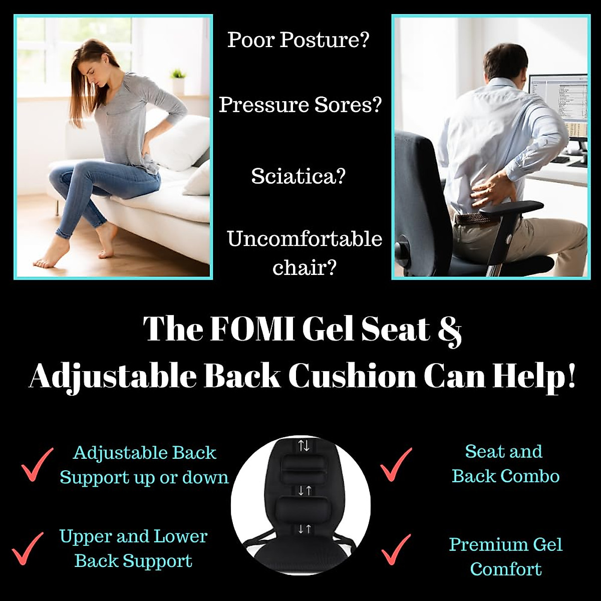 FOMI Gel Seat Cushion and Adjustable Back Support | Lumbar Pillow Flexible Placement for Upper Lower Thoracic, Coccyx, Pressure Sore Pain Relief | for Car, Office Chair, Gaming, Stadium | Posture Aid