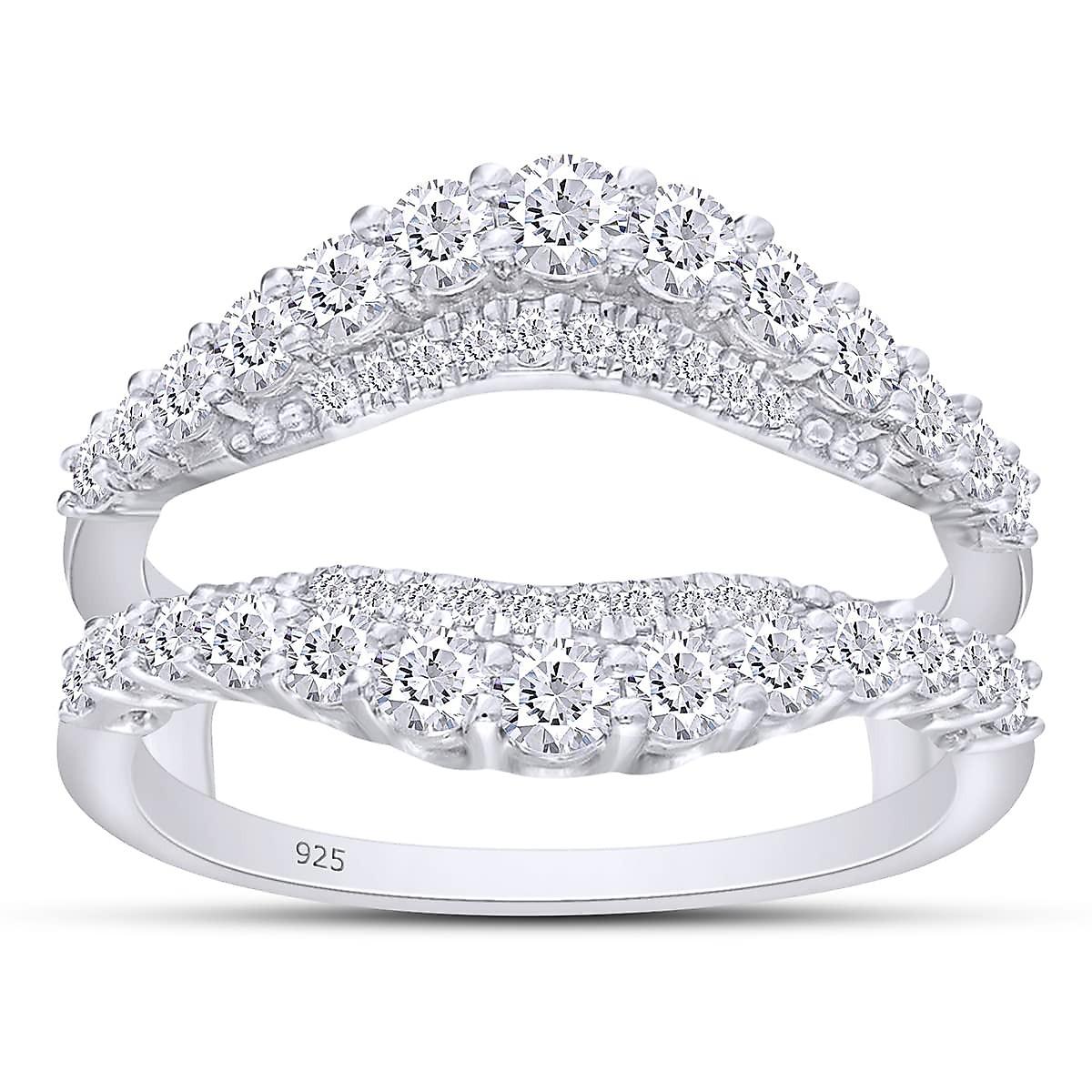 AFFY Round Cut White Cubic Zirconia Double Row Prong Set Contour Solitaire Enhancer Engagement Ring In 14k White Gold Over Sterling Silver (2.06 Cttw) Ring Size-5