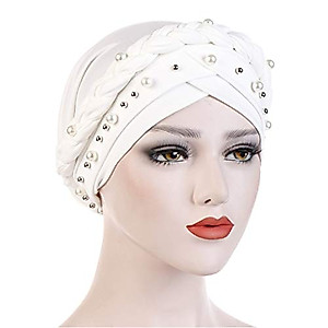 Fxhixiy Women Hijab Beading Pearl Braid Turban Hat Head Scarf Cancer Chemo Beanies Bandana Headwrap Cap (White)