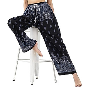 B BANGKOK PANTS Harem Pants Women Hippie Clothes Boho Print Drawstring (as1, Alpha, one_Size, Regular, Regular, Bohemian Black, Relaxed)