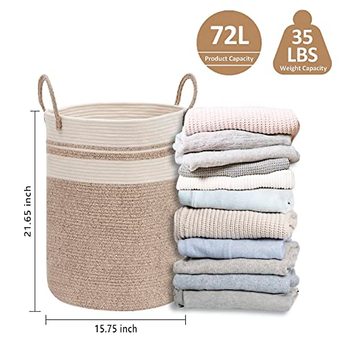 BRAIN & DANY 72L Woven Laundry Basket, Tall Cotton Rope Laundry Hamper with Handles, Large Dirty Clothes Basket Collapsible for Nursery, Bathroom, Laundry Room Organization, Bedroom Storage, Brown & White