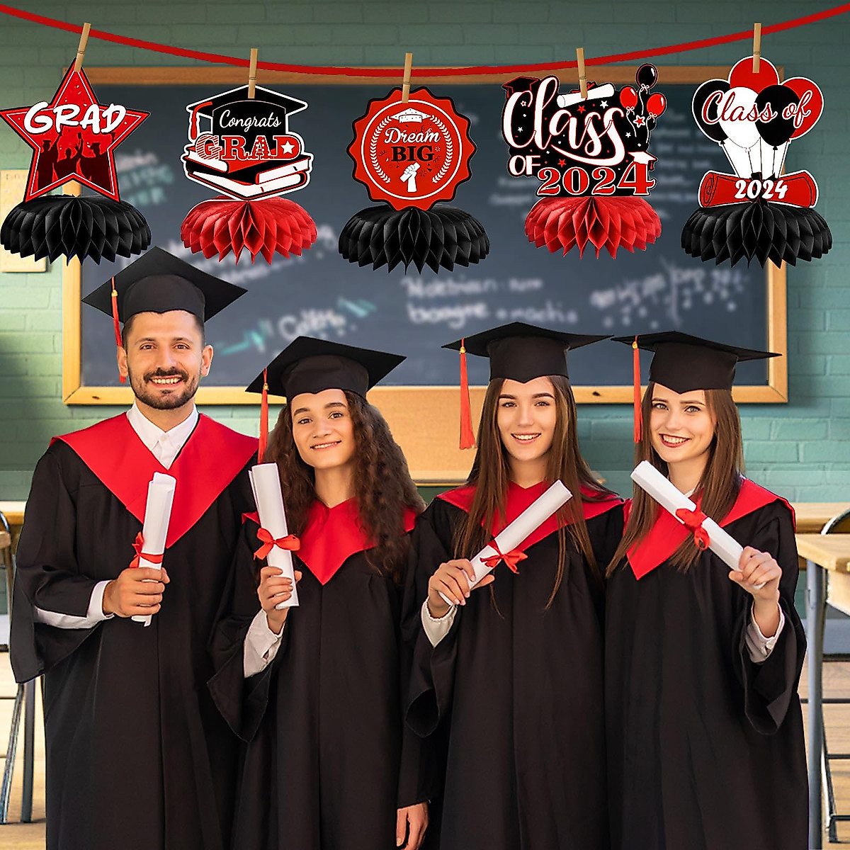 2024 Graduation decorations party centerpieces Class of 2024, 9pcs Graduation decoration party table Honeycomb Centerpieces decor Congrats Grad Party Supplies(Red)