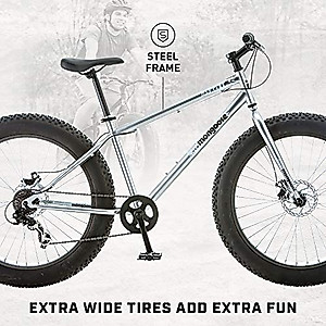 Mongoose Malus Mens and Womens Fat Tire Mountain Bike, 26-Inch Bicycle Wheels, 4-Inch Wide Knobby Tires, Steel Frame, 7 Speed Drivetrain Bicycle, Shimano Rear Derailleur, Disc Brakes, Silver/Black