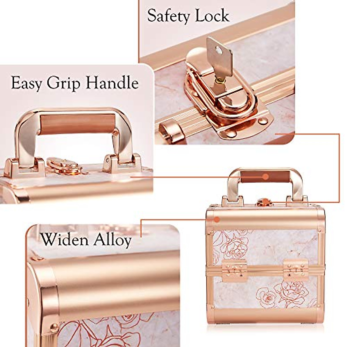 Costravio Makeup Box Cosmetic Train Case with Mirror Travel Organizer Cosmetic Jewelry Storage Box with 2-Tier Tackle Trays Portable Lockable Makeup Organizer Box - Marble Rose Gold Style