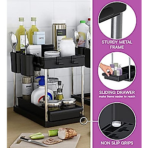 2 PACK Under Sink Organizer Rack 2 Tier Under Sliding Cabinet Basket Organizer Drawer With Bathroom Cabinet Storage Drawer With 4 Hooks