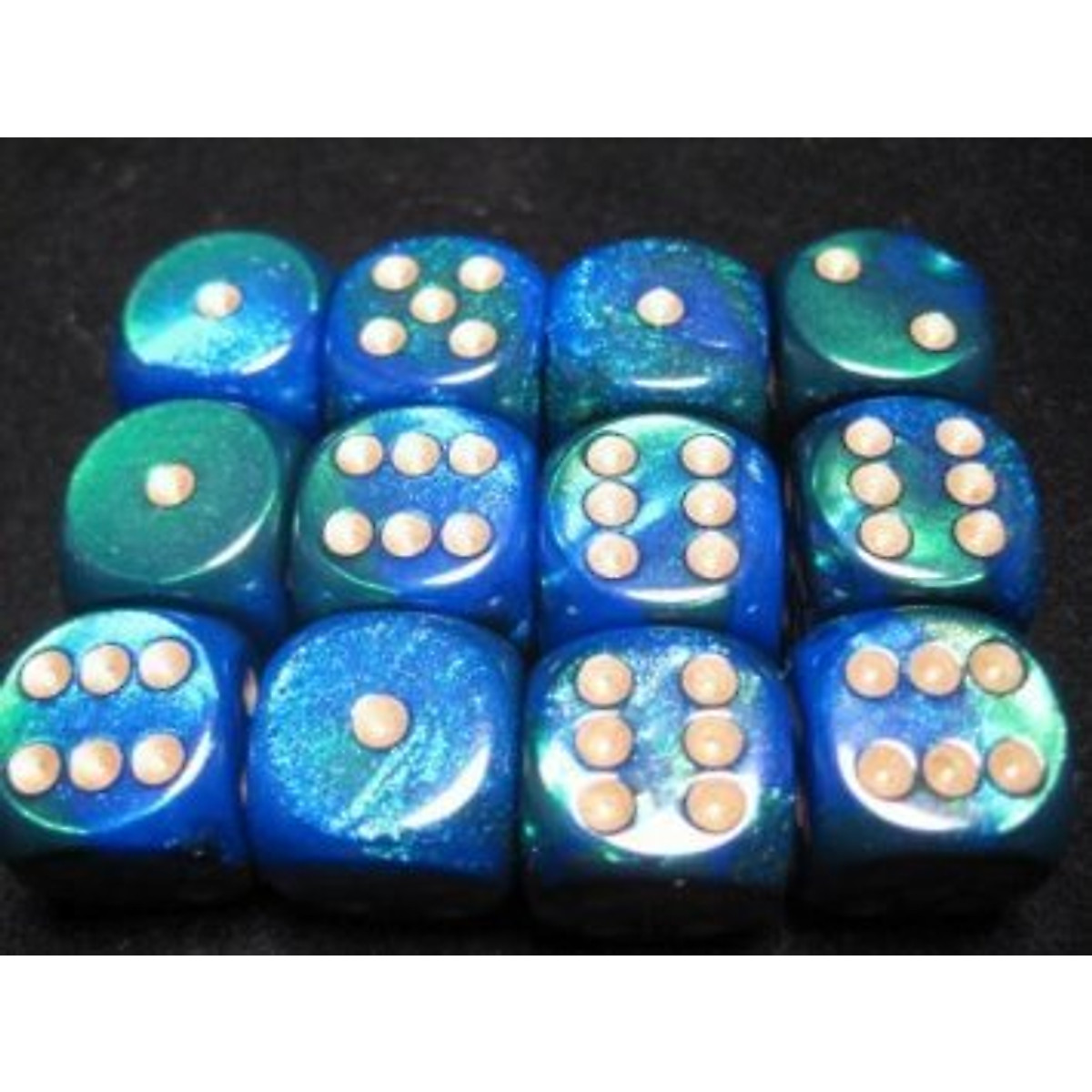 Chessex Dice d6 Sets: Gemini Blue & Green with Gold - 16mm Six Sided Die (12) Block of Dice
