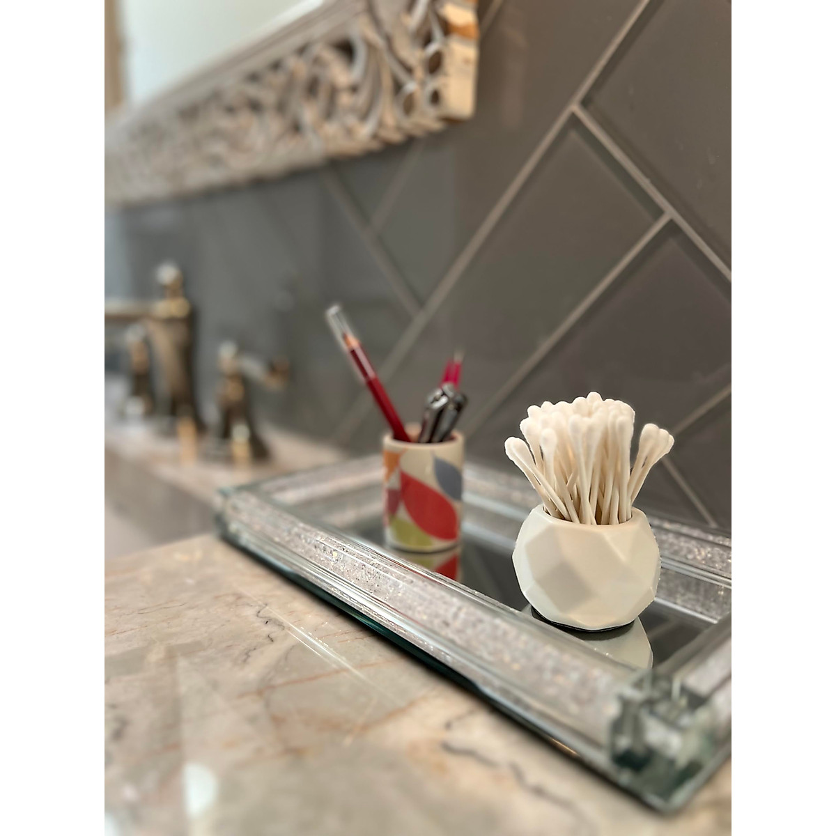 Home Haven Qtip Holder - Retro Leaves Design - Q Tip Holder for Bathroom, Bathroom Vanity Decor, Floss Pick Holder, Cotton Swab Holder, Bathroom Sink Decor, Flosser Holder, Cute Bathroom Decor