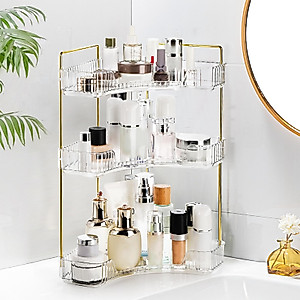 Cididu 3 Tiers Bathroom Counter Organizer, Clear Corner Shelf Storage Rack, Cosmetic Perfume Standing Holder with Gold Metal Pole, Skincare Sink Organizer for Vanity Countertop