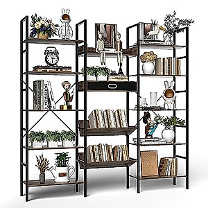 Industrial Style Wood Bookshelf, Triple 5 Tiers Bookshelf with Metal Frame, Rustic Book Shelves Display Shelf for Home Office, Etagere Large Open Bookshelf for Bedroom Living Room, Vintage Brown