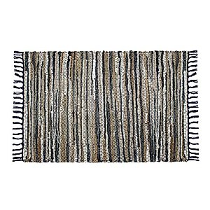 COTTON CRAFT Leather Chindi Area Rug - Boho Farmhouse Rustic Accent Rug - Handwoven Reversible Natural Recycled Leather Throw Rug - Entryway Living Room Dorm Study Gift - 3'x5' - Grey Ivory Multicolor