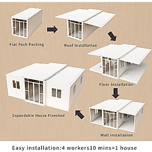 Portable Prefab House to Live in,19x20ft Expandable Tiny Container House with 2 Bedroom,1 Bathroom,1 Kitchen and 1 Living Room,Steel Frame Prefabricated Mobile Tiny Home for Hotel,Villa,Office