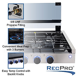 RecPro RV Built In Gas Cooktop | 2 Burner or 3 Burner | RV Cooktop Stove | 6,500 and 8,000 BTU Burners | Cover Included (Stainless Steel, 3-Burner)