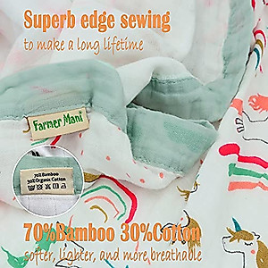 Muslin Soft Swaddle Blankets, Muslin Quilt Baby Blanket for Boy Girl Toddler Daycare, Multiple Layer Swaddle Wrap, 70% Bamboo 30% Cotton, Practical Size 43X45inchs (Rainbow Unicorn)