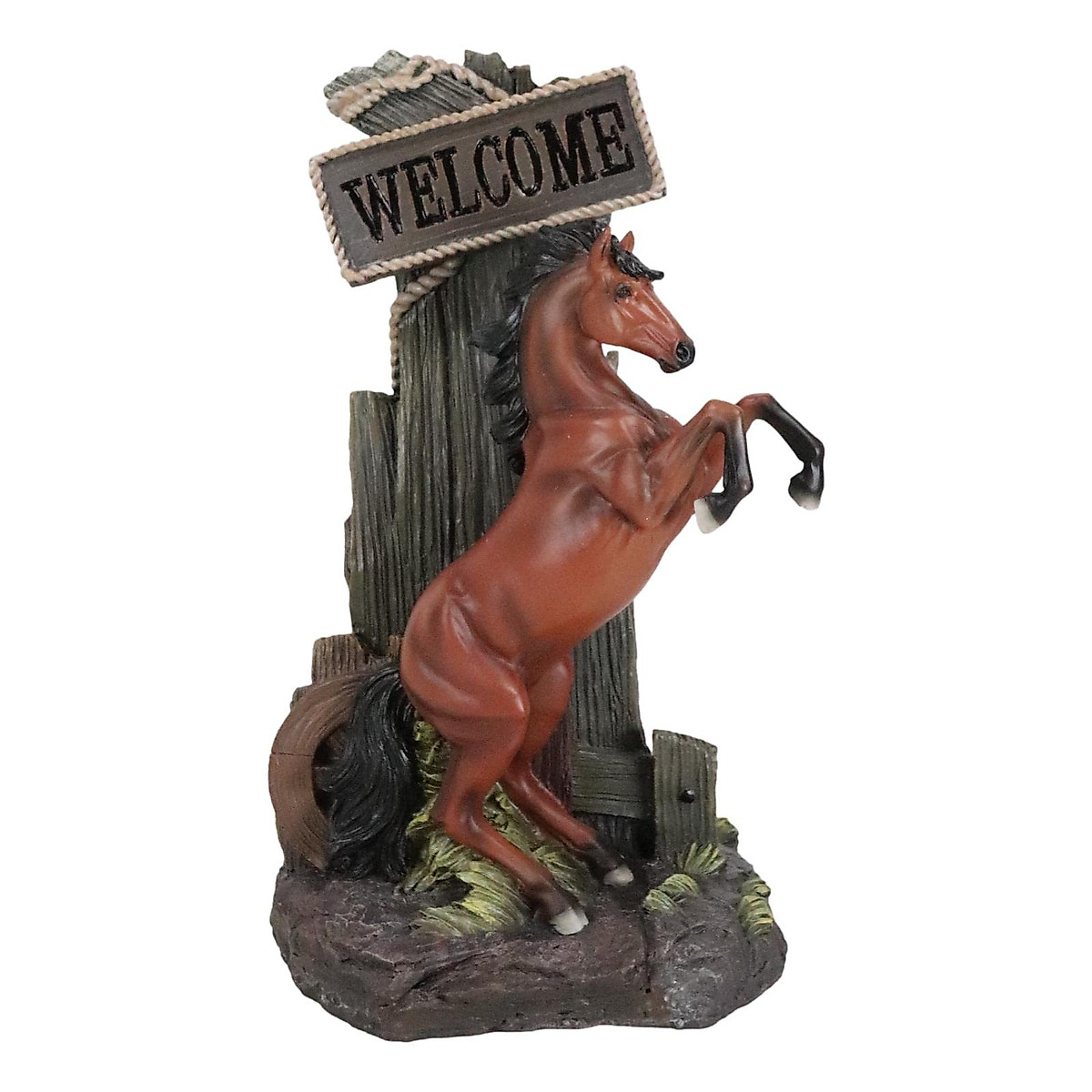 Ebros Large Rustic Country Western Rearing Chestnut Horse by Farm Outpost with Welcome Sign Statue Equipped with Solar LED Lantern Light Stallion Horses Decor Figurine for Patio Poolside Garden Home