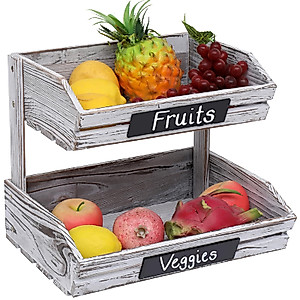 HYLEHE Fruit Basket Holder Vegetable Stand Bread Racks,2 Tier Farmhouse Standing Wooden Organizer,Classic Pastoral Food Basket for Kitchen,Office,Dining Room and Guest Room (Need Assemble)