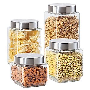 Oggi 4 Piece Airtight Glass Storage Containers Set - Includes 4 Square Glass Kitchen Canisters with Stainless Steel Lids - Sleek, Modern Kitchen Storage, Pantry Storage, Food Storage