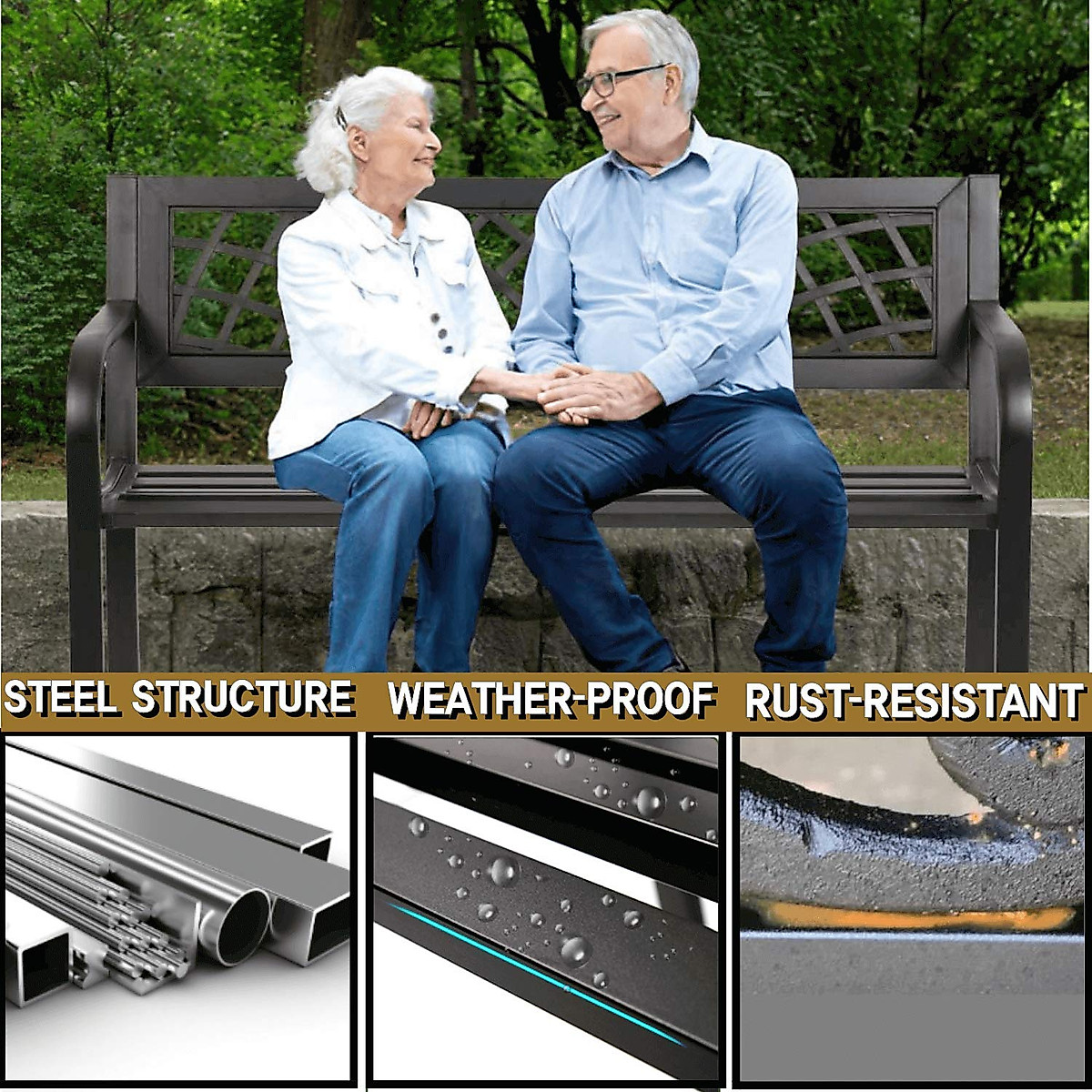 HomeClever Metal Garden Park Bench, 45.5inch Powder Coated Cast Iron PVC Mesh Pattern Design Patio Bench w/Armrests Sturdy Steel Frame, Outside for Front Porch Path Yard Lawn Deck Furniture, Black