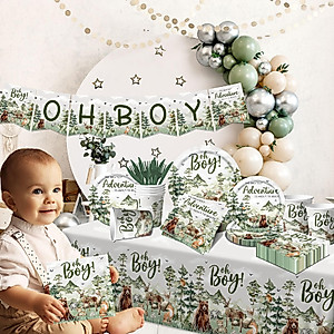 Let The Adventure Begin Baby Shower Tableware,Woodland Baby Shower Plates and Napkins Decorations Cups Banner Tablecloth for Adventure Awaits Baby Shower Boy Mountain Party Decorations