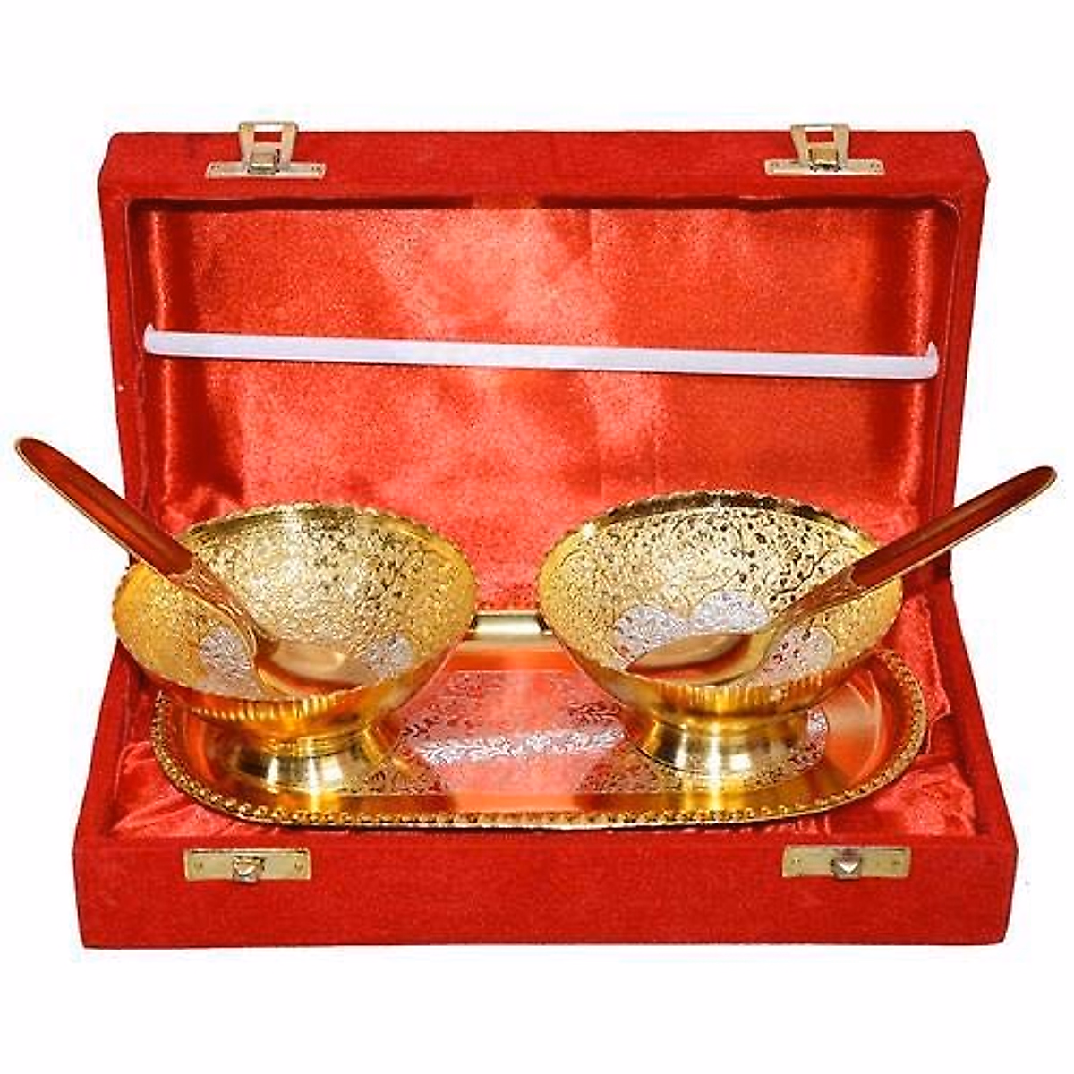 DBY Silver and Gold color Plated Bowl Set with Spoon Tray Come with Gift Pack Dry Fruits Gift Item Serving Bowl Brass Bowl Gold Plated Brass Bowls Set