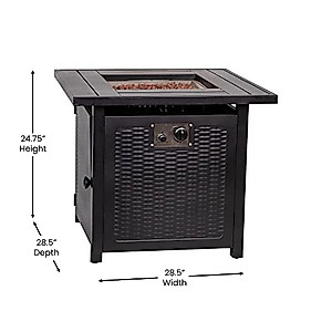 Flash Furniture Olympia 50,000 BTU Outdoor Propane Gas Fire Pit Table - Black Stainless Steel Tabletop and Steel Wicker Detail Base - 28" Square - Included Lava Rocks