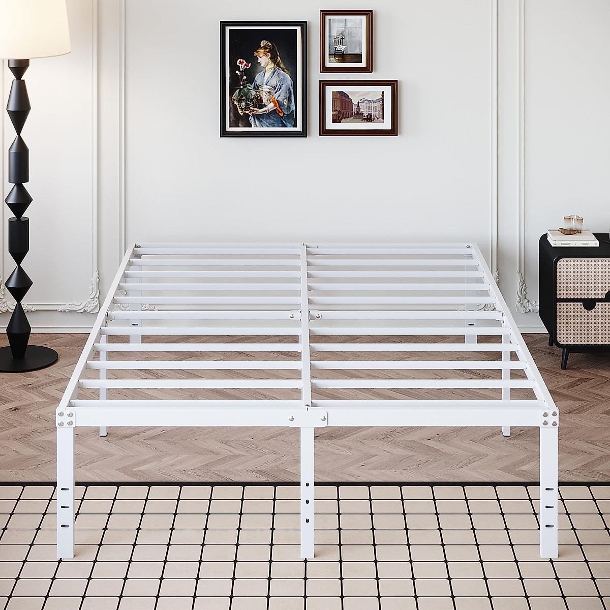DiaOutro 18 Inch Queen Bed Frame Heavy Duty Metal Platform No Box Spring Needed, Maximum Storage, Easy Assembly, Noise Free, White