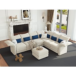 LLappuil Velvet Modular Sectional Sofa L Shaped Corner Couch with Storage Chaise, 127.8" 7-Seater Oversized Sofa with Ottoman, High Back Recliner Sleeper Couches, Anti-Scratch White