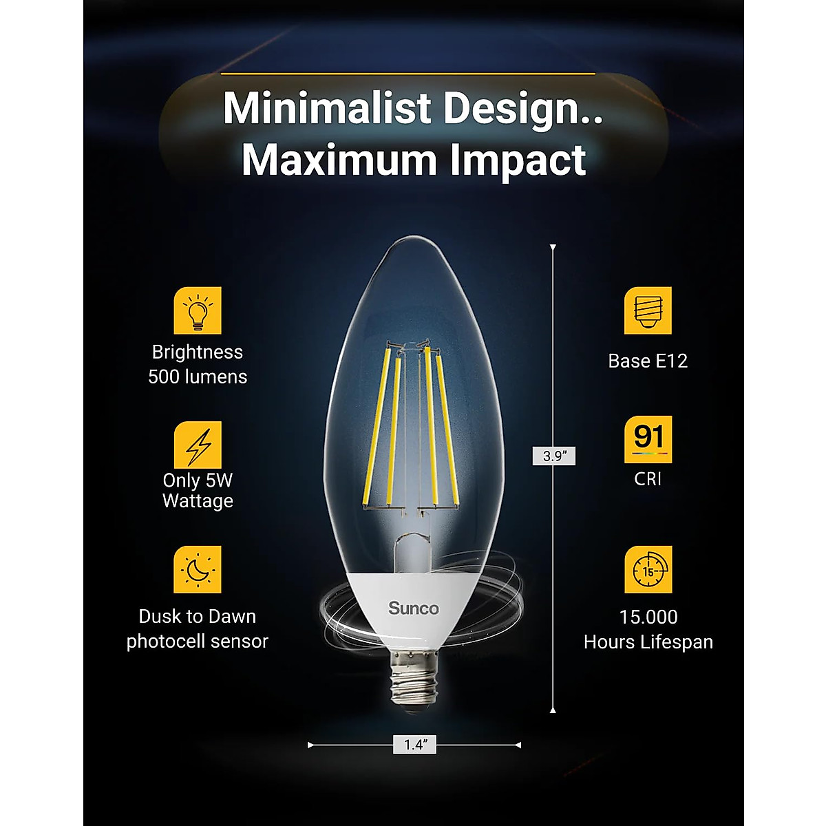 Sunco 6 Pack LED B11 Light Bulb Dusk to Dawn Candelabra, 5W Equivalent 40W, CRI91 2700K Soft White, 500 Lumens, Edison Vintage Filament E12 Base, Photocell Sensor for Sconces Chandeliers - UL
