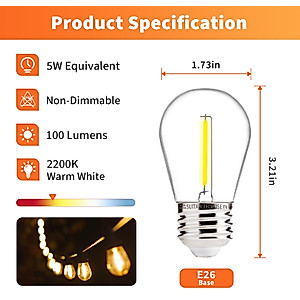 ALAMPEVER LED String Light Bulbs,E26 Bulb for Outdoor String Lights Bulb,24 Pack Waterproof S14 Replacement LED Bulbs，5W,2200K Warm White，Non-Dimmable